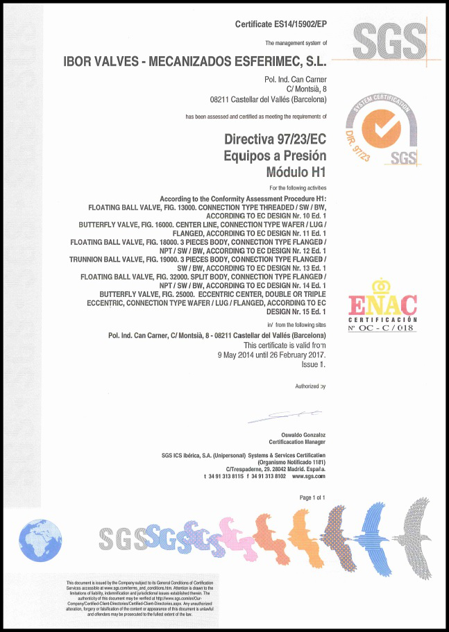 PED 97/23/EC - MOD H1 - Ibor valves